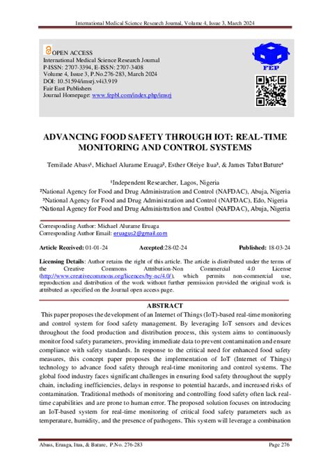 Pdf Advancing Food Safety Through Iot Real Time Monitoring And Control Systems