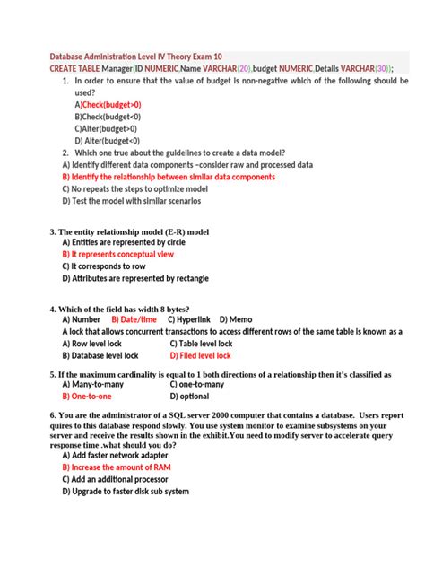database administration level iv theory exam 10 2 pdf databases data management