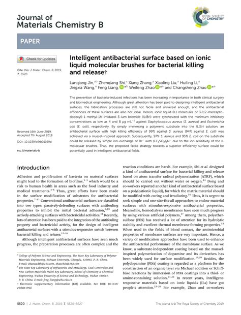 Pdf Intelligent Antibacterial Surface Based On Ionic Liquid Molecular Brushes For Bacterial