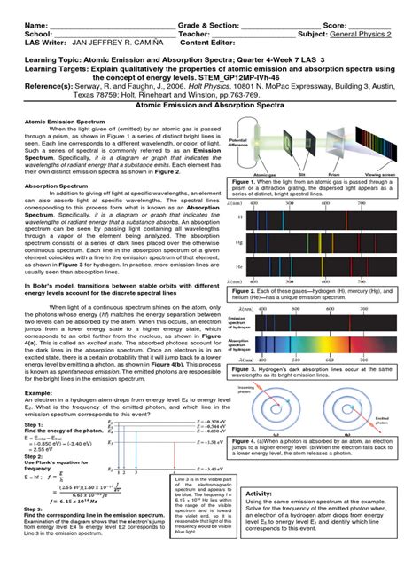 Q4 Week 7 Las 3 Atomic Emission And Absorption Pdf Emission