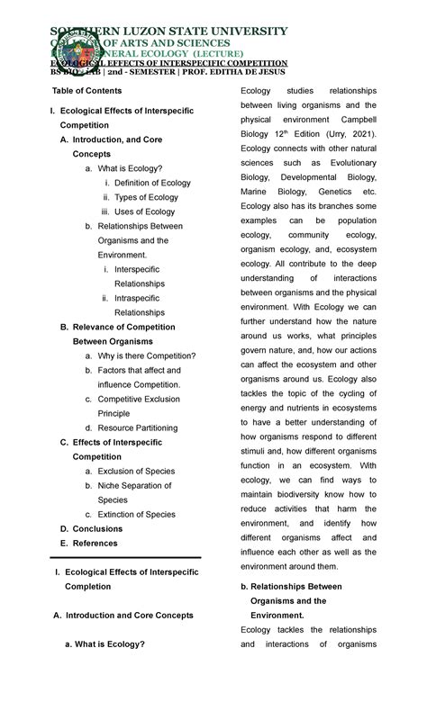 Eco Lec Outline Copy Asdfasdfasd College Of Arts And Sciences Bio 01 General Ecology
