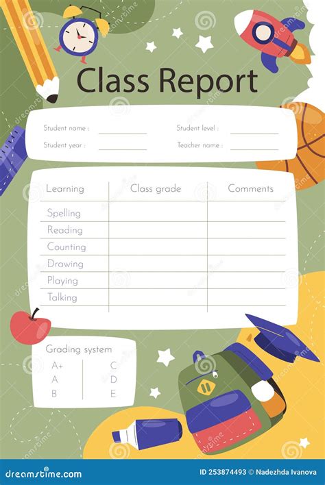 Hand Drawn Class Report Card Template Vector Illustration Stock Vector