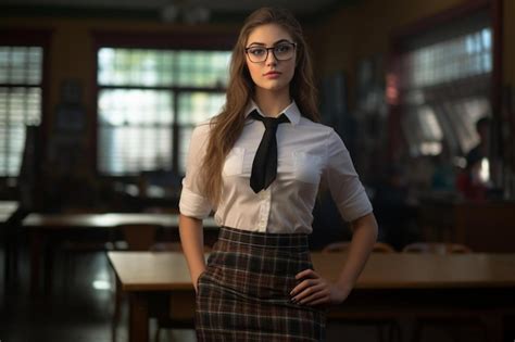 Premium Ai Image A Woman Wearing A Skirt And Glasses Stands In A