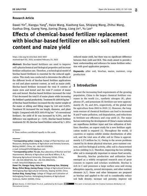 Pdf Effects Of Chemical Based Fertilizer Replacement With Biochar