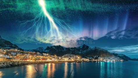 Dramatic Lightning Strike And Aurora Over Fjord Town At Night Stock Illustration Illustration
