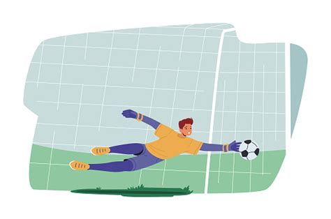 골키퍼 남성 캐릭터는 경기장에서 움직이는 축구 팀 유니폼을 입습니다 골키퍼 점프 및 캐치 볼 모션 축구에 대한 스톡 벡터 아트 및 기타 이미지 Istock
