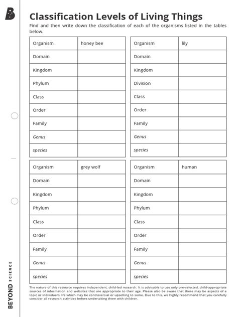 Classification Levels Of Living Things Worksheet Pdf