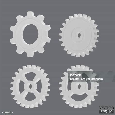 4 흰색 기어 아이콘 세트입니다 파란색 변속기 톱니바퀴와 기어는 회색 배경에 격리되어 있습니다 흰색 기계 기어 설정 기호 수리