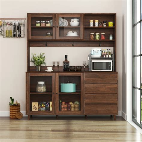 63” Wooden Kitchen Pantry Cabinet With Microwave Shelf And Countertop