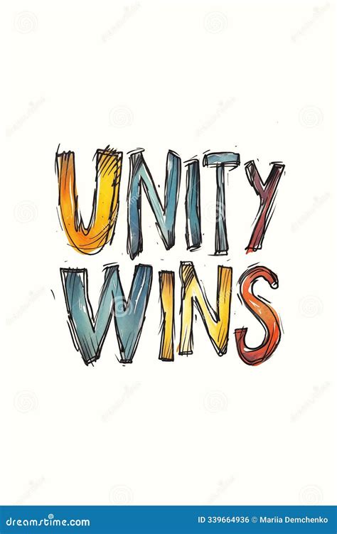 unity wins hand drawn text illustration scratchy colorful letters on light background stock