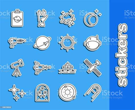 세트 라인 위성 우주 비행사 헬멧 행성 레이 건 태양 아이콘 벡터 경례에 대한 스톡 벡터 아트 및 기타 이미지 경례 과학 광선 Istock