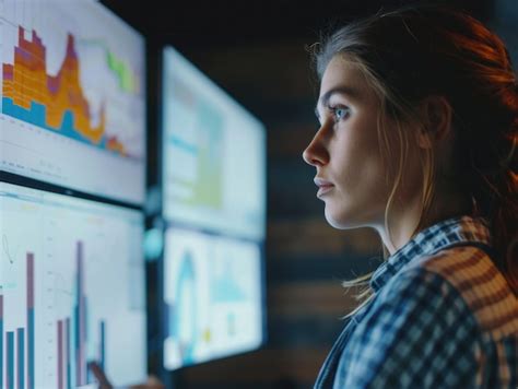 Businesswoman Studying Charts And Graphs On Computer Screen Premium AI Generated Image