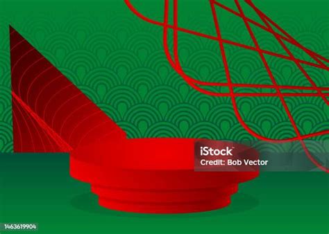 녹색과 빨간색 제품 디스플레이 추상 모형 벡터 3d 룸 미래형 실린더 받침대 연단 프레젠테이션을 위한 공상 과학 최소 무대 쇼케이스 기하학적 형태 빈 장면 0명에 대한 스톡