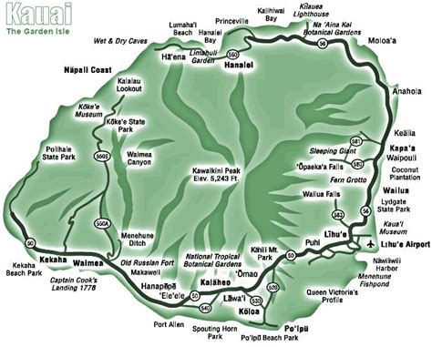 Kauai Map With Major Roads And Attractions