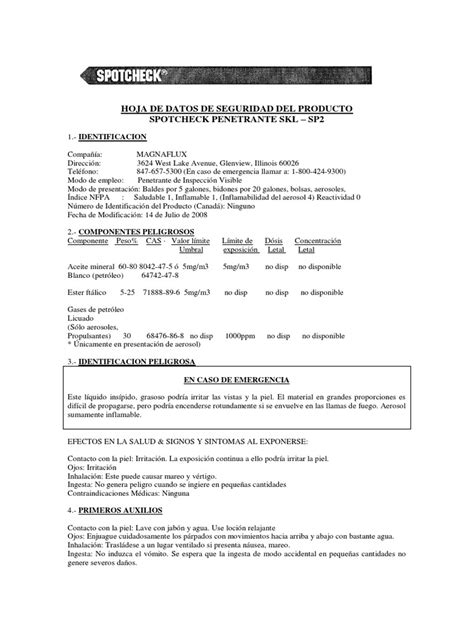 Msds Magnaflux Penetrante Pdf Aerosol Incendios