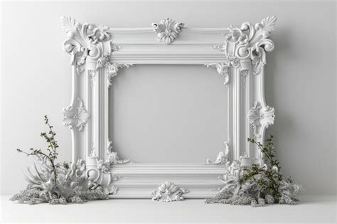 Premium Photo Surreal 3D Rendering Blank White Baroque Frame On White