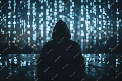 Premium Photo Hooded Figure In Binary Code And Cybersecurity Terms Concept Hooded Figure