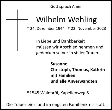Traueranzeigen Von Wilhelm Wehling Wirtrauern