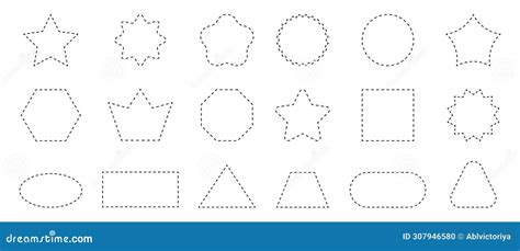 Set Of Geometric Shapes With Dashed Lines Dotted Circle Square Rectangle Oval Star Crown