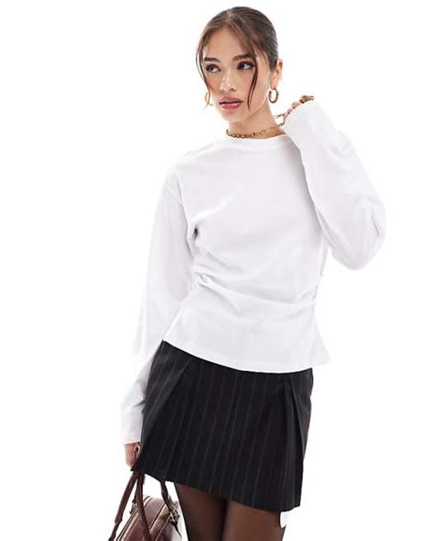 Asos Design Corset Waist Long Sleeve Tee In White Asos