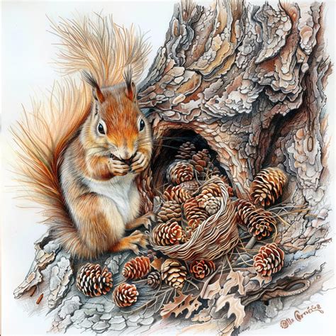 Colorful Pencil Drawing Of A Pine Red Squirrel Hiding Pine Cones In A