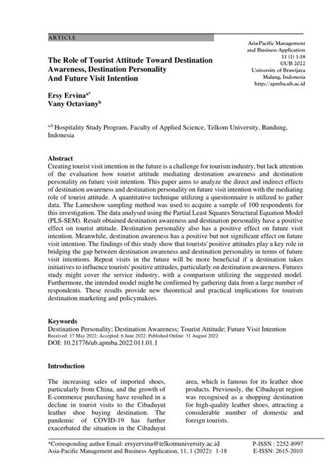 Pdf The Role Of Tourist Attitude Toward Destination Awareness Destination Personality And