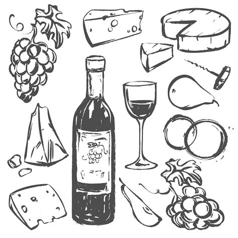 와인 와인 컵 및 간식과 함께 터 세트 빠른 선형 잉크 스케치 스타일의 포도 치즈 및 과일 레스토랑 메뉴 와인 목록 또는