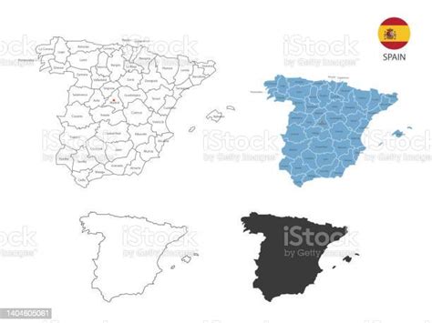 스페인지도 벡터 일러스트 레이 션의 4 스타일은 모든 지방을 가지고 스페인의 수도를 표시합니다 얇은 검은 윤곽선 단순 스타일과 어두운 그림자 스타일 흰색 배경에 고립되어
