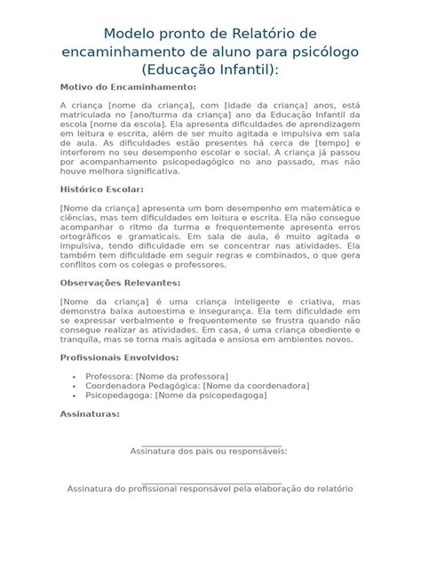 Relatório De Encaminhamento Psicológico Pdf