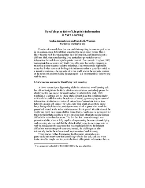 Pdf Specifying The Role Of Linguistic Information In Verb Learning