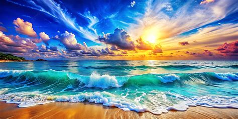 Stunning Sunset Over Ocean Waves With Golden Sand Beach Background