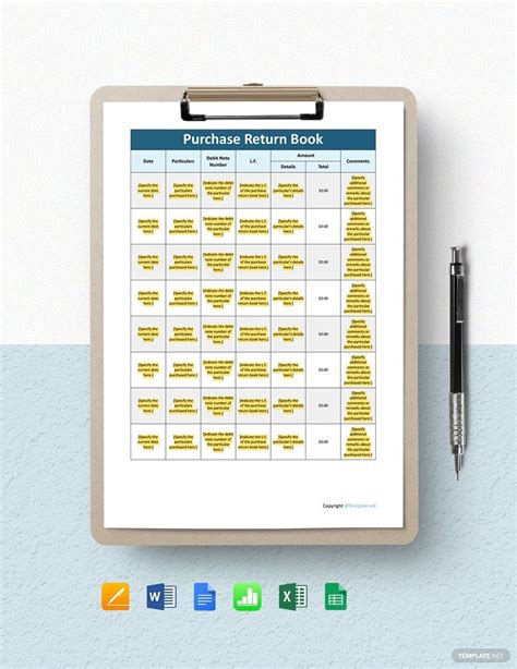 Purchase Return Book Template Google Docs Google Sheets Excel Word Apple Numbers Apple