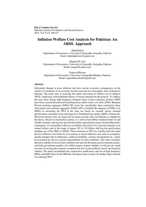 Pdf Inflation Welfare Cost Analysis For Pakistan An Ardl Approach