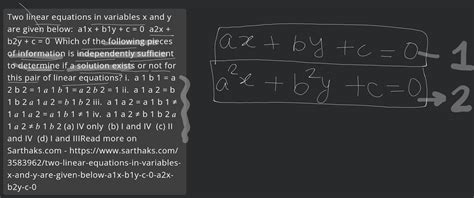 Two Linear Equations In Variables X And Y Are Given Below Begin Array