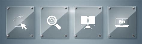 랩톱 채팅 컨퍼런스 서류 가방및 온라인 작업으로 돋보기를 돋보이게 하는 비디오 카메라를 설정합니다 정사각형 유리 패널 벡터 0명에 대한 스톡 벡터 아트 및 기타 이미지