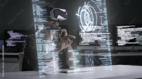 Hologram Man Or Programmer With Virtual Reality Glasses Digital Software Or Update Server