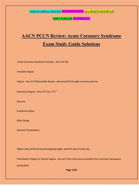 AACN PCCN Review Acute Coronary Syndrome Exam Study Guide Solutions AACN Stuvia US