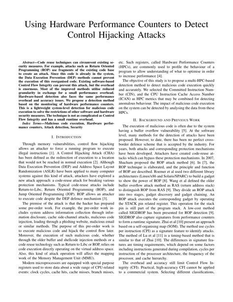 pdf using hardware performance counters to detect control hijacking attacks