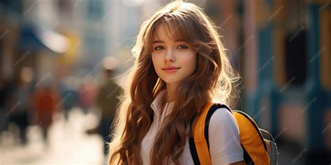 Premium Ai Image A Cute American Schoolgirl In Front Of A School