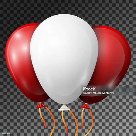 투명 한 배경에 고립 된 리본으로 사실적인 흰색과 빨간색 풍선 생일 파티에 대 한 반짝 화려한 광택 풍선의 벡터 일러스트 레이