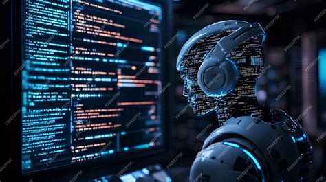 Cyborg Working On Computer Program Code Artificial Intelligence Concept
