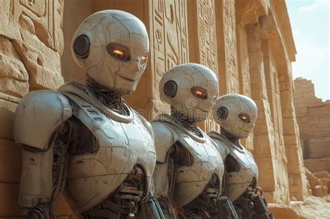 ai generated four futuristic robots guarding a an ancient temple stock