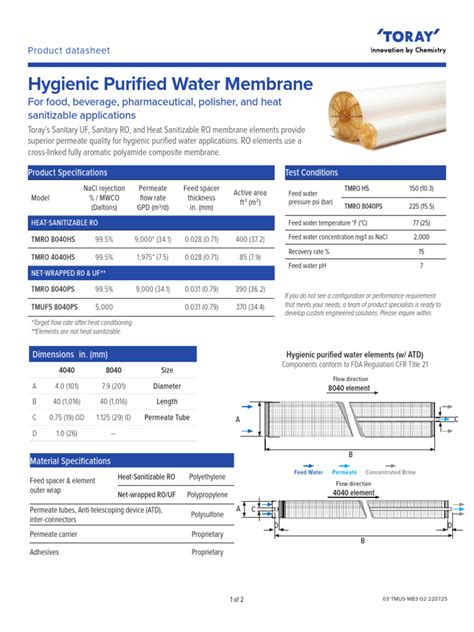 Torayhygienicpurifiedwatermembrane Datasheet Pdf Membrane Chemistry