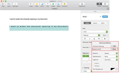 how to adjust character spacing in pages on mac