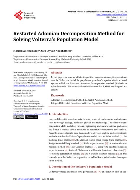 pdf restarted adomian decomposition method for solving volterra s population model