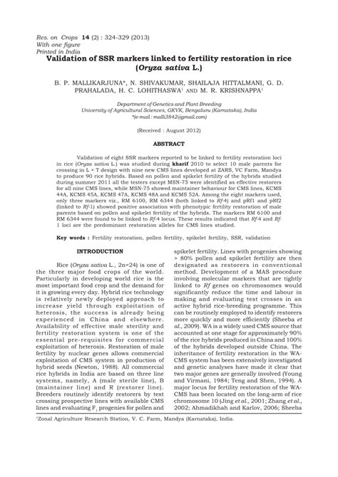 Pdf Validation Of Ssr Markers Linked To Fertility Restoration In Rice Oryza Sativa L