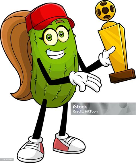 귀여운 피클 소녀 만화 캐릭터 피클볼 골드 컵 트로피를 들고 0명에 대한 스톡 벡터 아트 및 기타 이미지 0명 건강한 생활방식 건강한 식생활 Istock