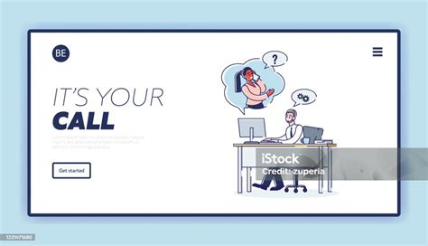 온라인 지원 고객 서비스 및 콜 센터 개념 웹 사이트 방문 페이지 헤드폰의 남자 운영자는 전화로 여성 고객을 상담합니다 웹 페이지 만화 선형 윤곽선 평면 벡터 일러스트 가상