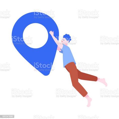 Tiny Man Character Hanging On Huge Blue Destination Point Vector