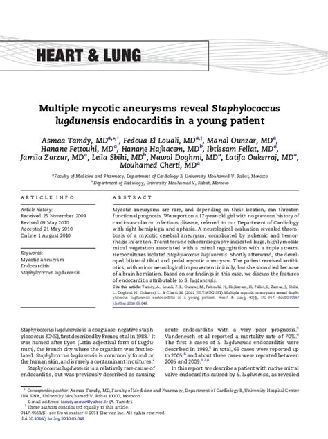 Pdf Multiple Mycotic Aneurysms Reveal Staphylococcus Lugdunensis Endocarditis In A Young